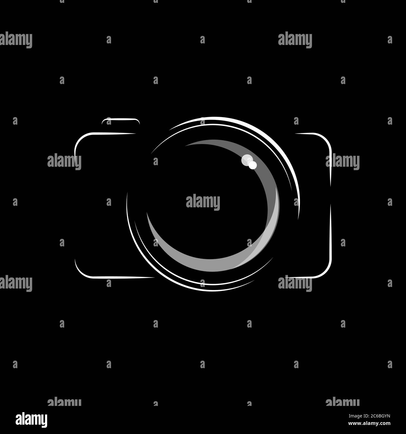 Simple, minimal camera icon in black and white, isolated over black ...