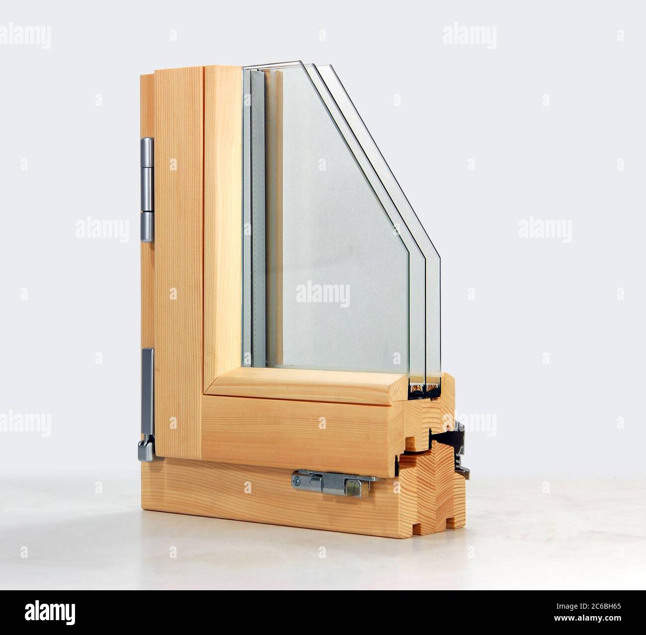 wooden window profile, section window with three glasses and two air ...