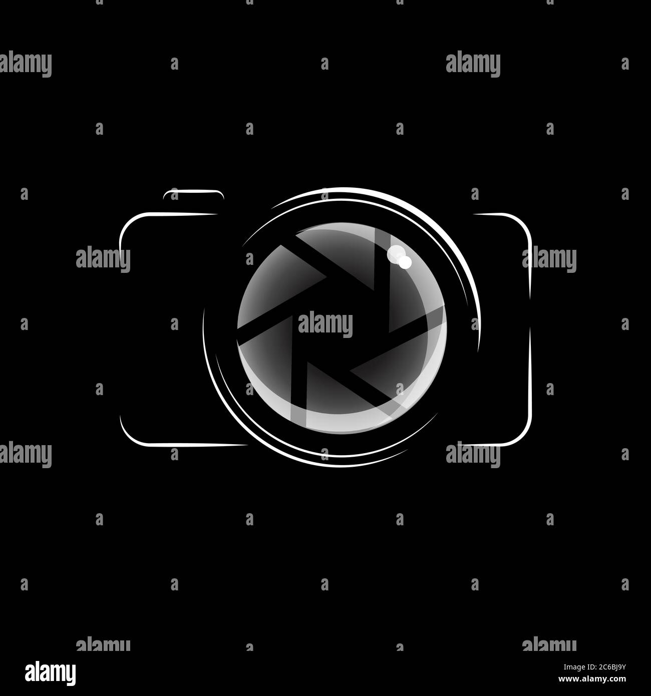 Simple, minimal camera icon in black and white, isolated over black ...