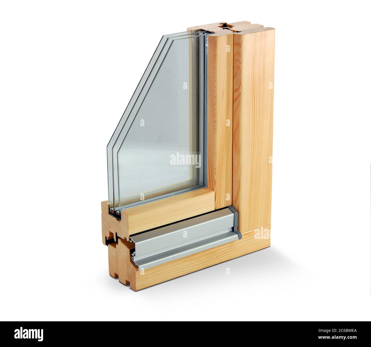 wooden window profile, section window with three glasses and two air ...