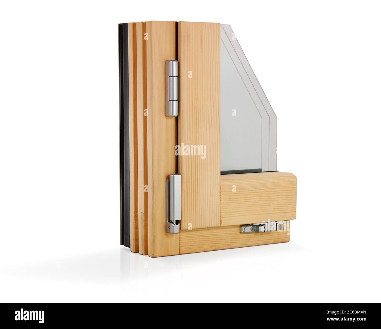 wooden window profile, section window with three glasses and two air ...