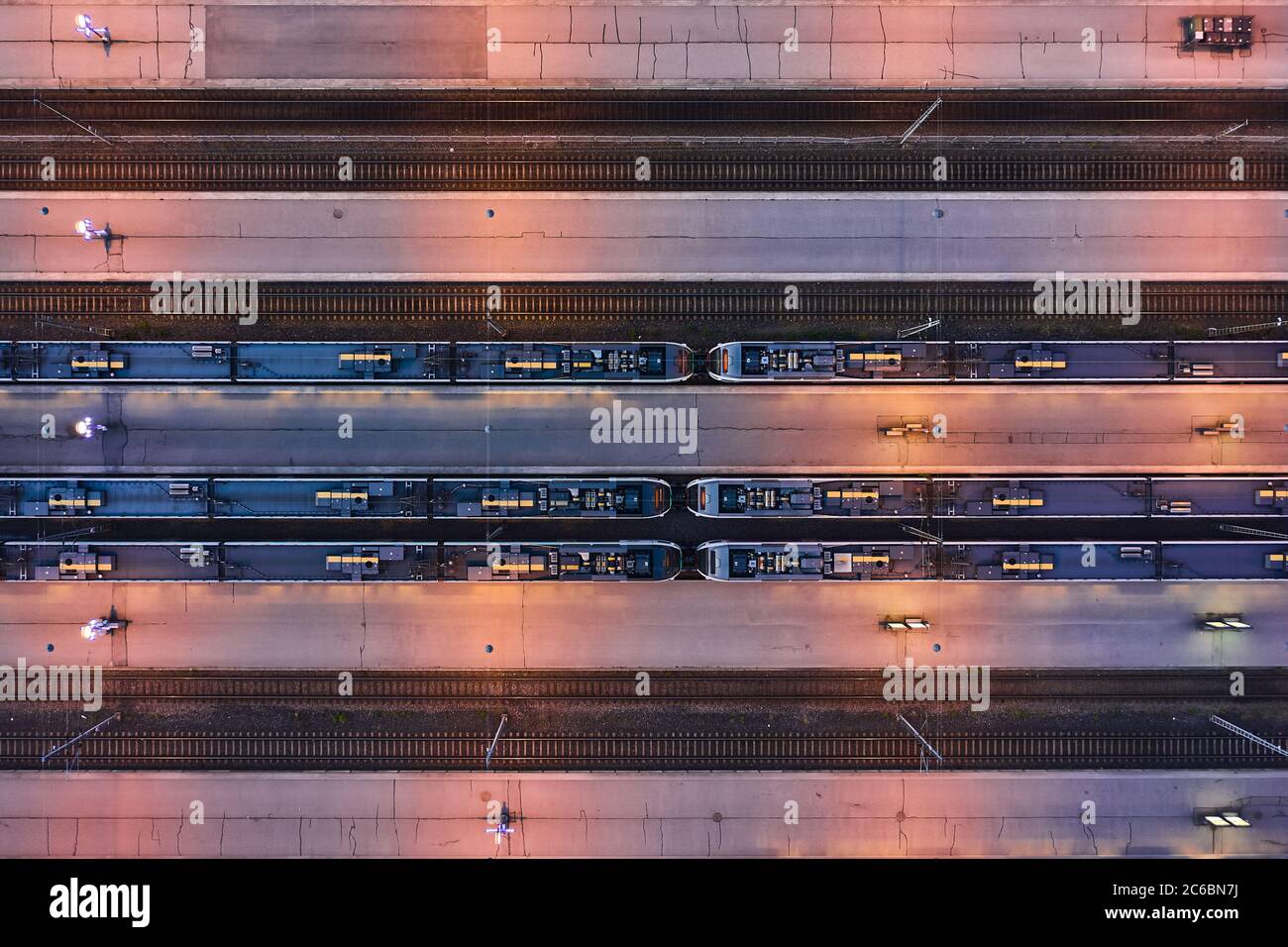 Aerial view of railway station, looking straight down with a satellite ...