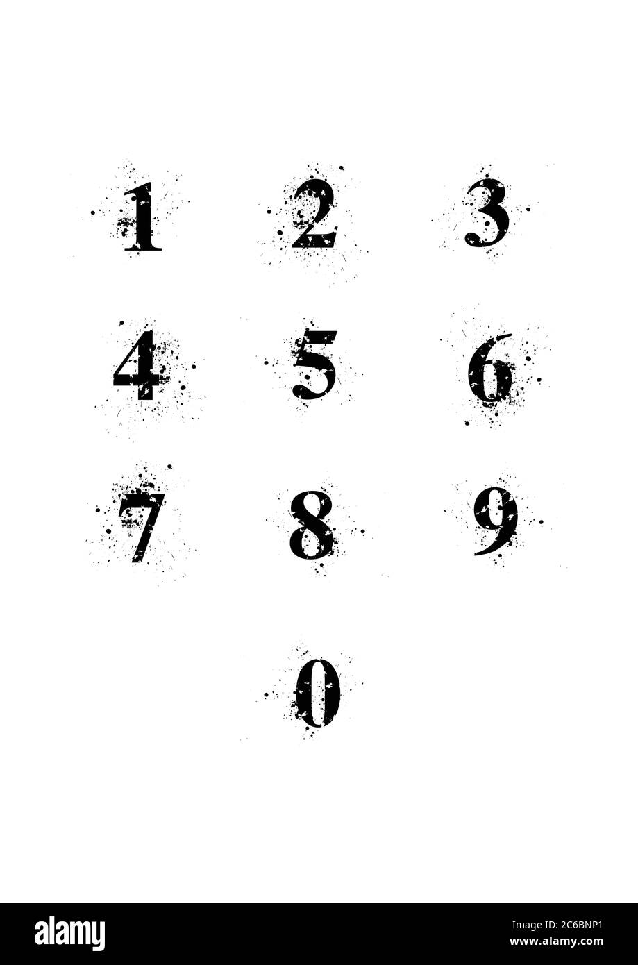 Blot Font numbers set. A black serif font with ink splatters. Numbers ...