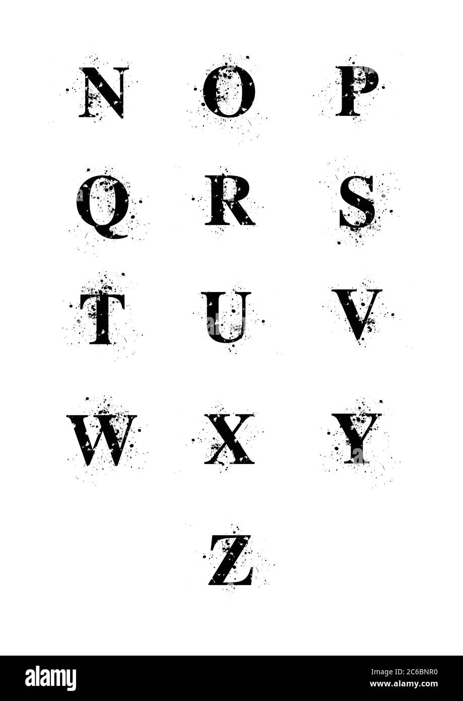 Blot Font letters N to Z. A black serif font with ink splatters ...