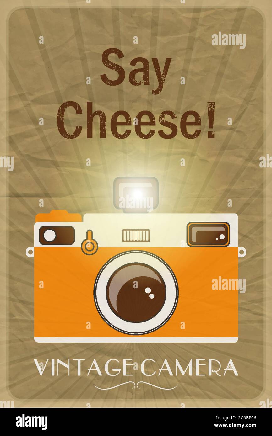 Retro photographic poster with the slogan Say Cheese!, on crumpled ...