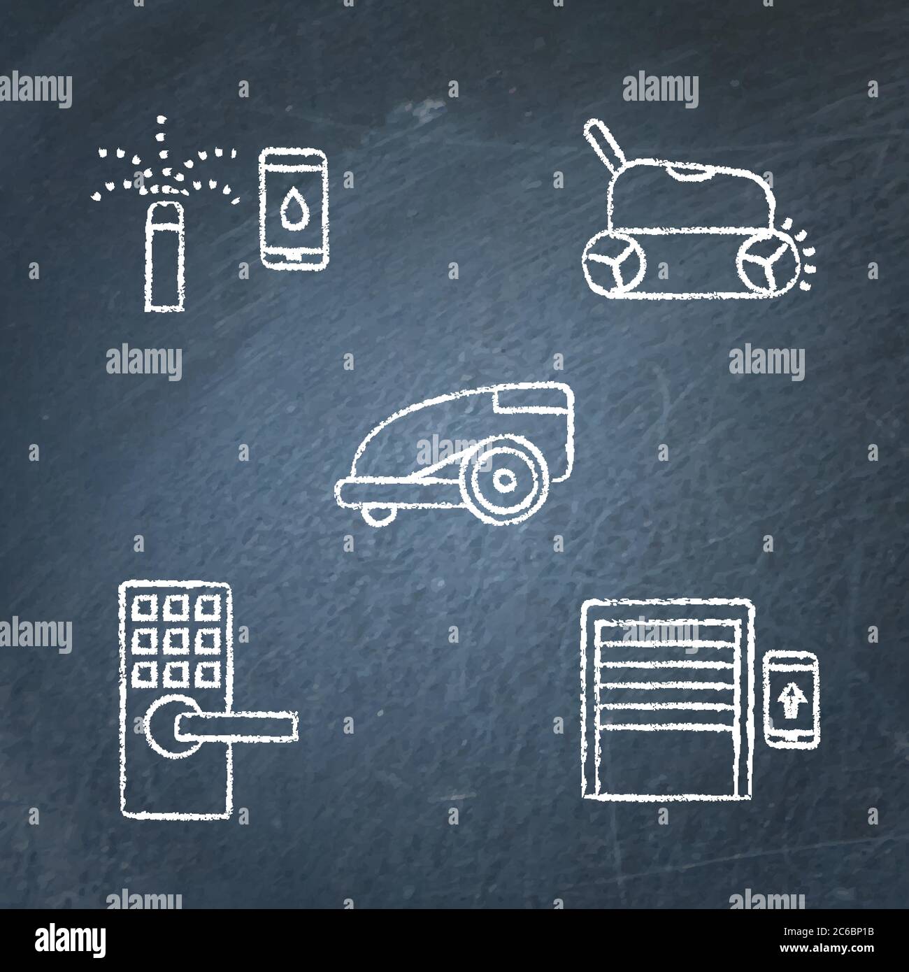 Chalkboard house and garden automation icon set. Sketch symbols on ...