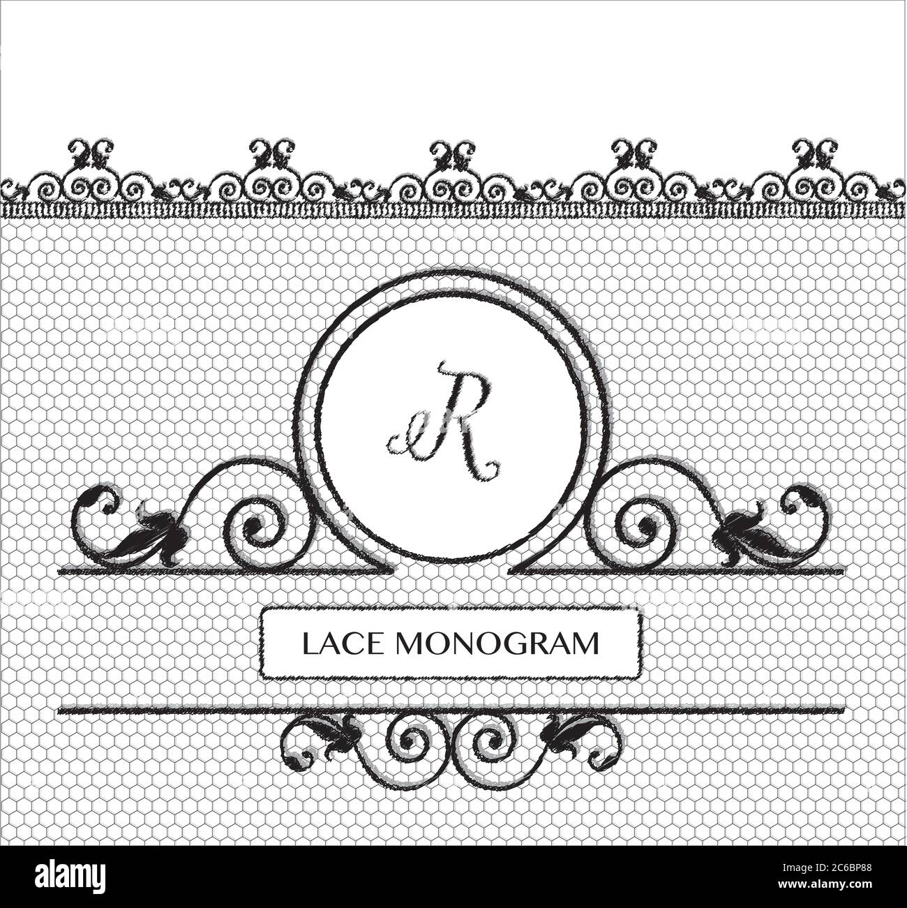 Letter R black lace monogram, stitched on seamless tulle background ...