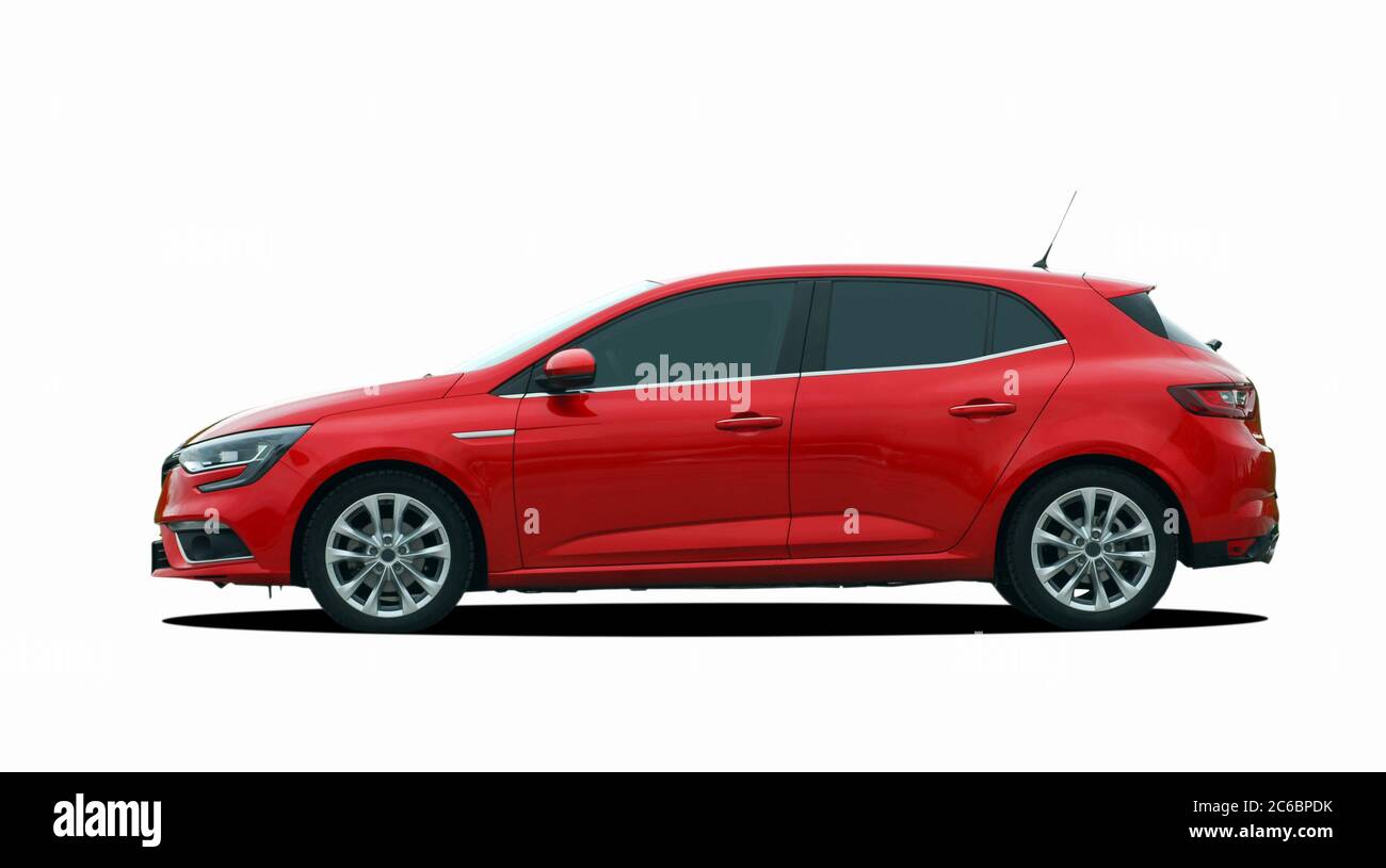 red passenger car, red passenger car on a white background Stock Photo ...