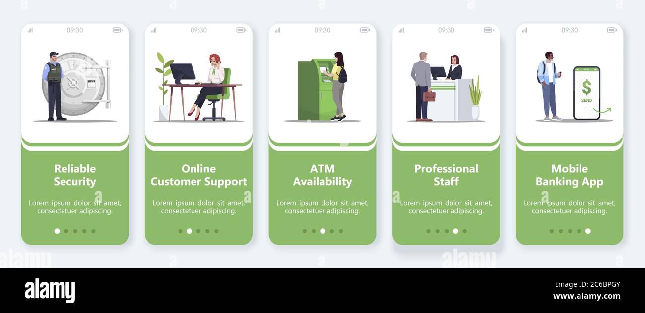 Bank Support Service Onboarding Mobile App Screen Vector Template Reliable Security Atm