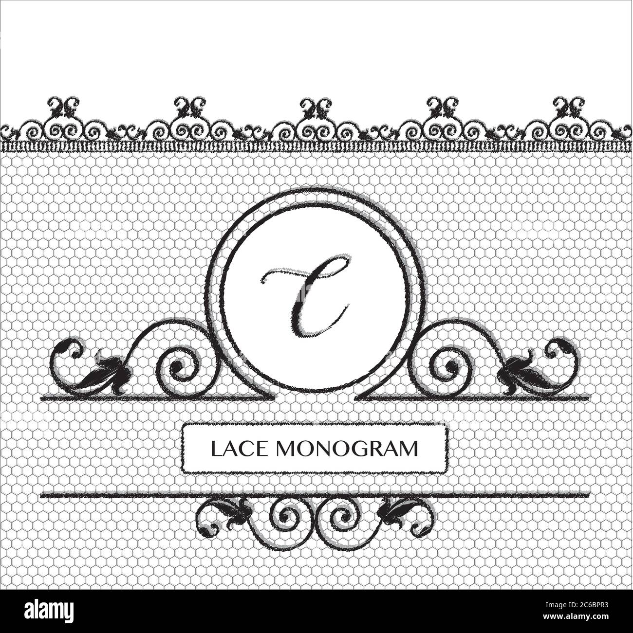 Letter C black lace monogram, stitched on seamless tulle background ...