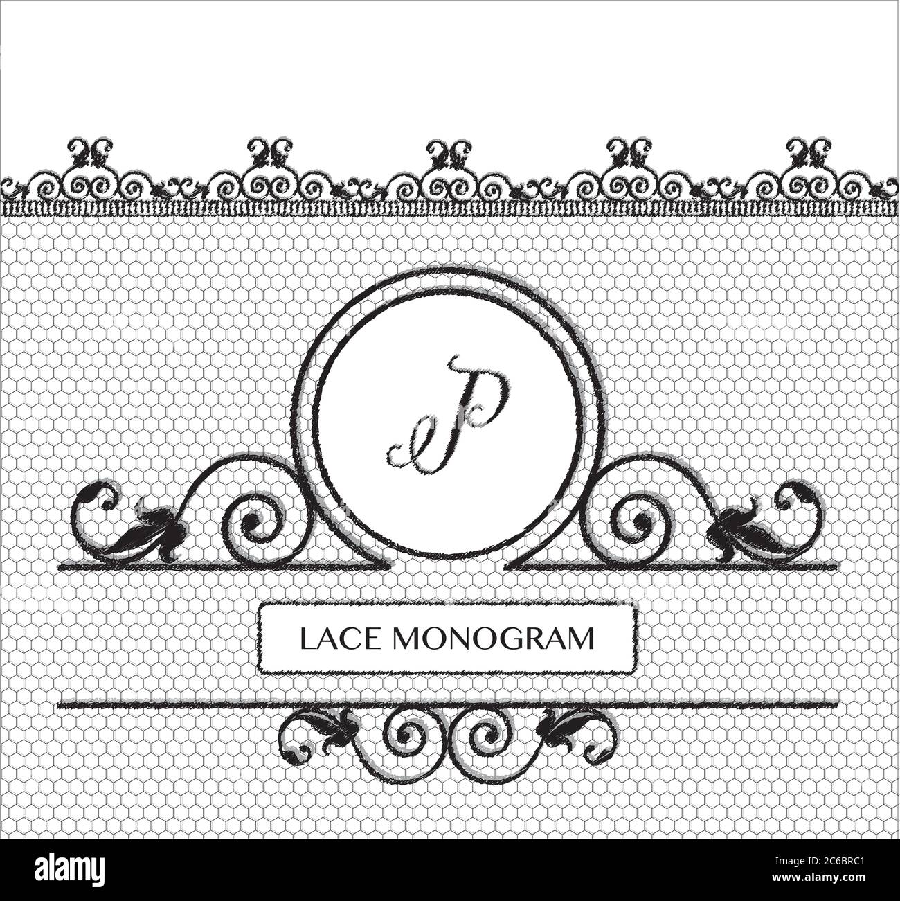 Letter P black lace monogram, stitched on seamless tulle background ...