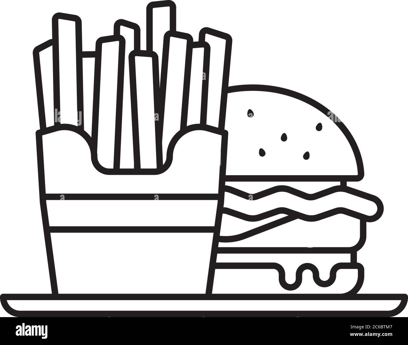 Box of french fries and Hamburger on tablet vector line icon. Fast food ...