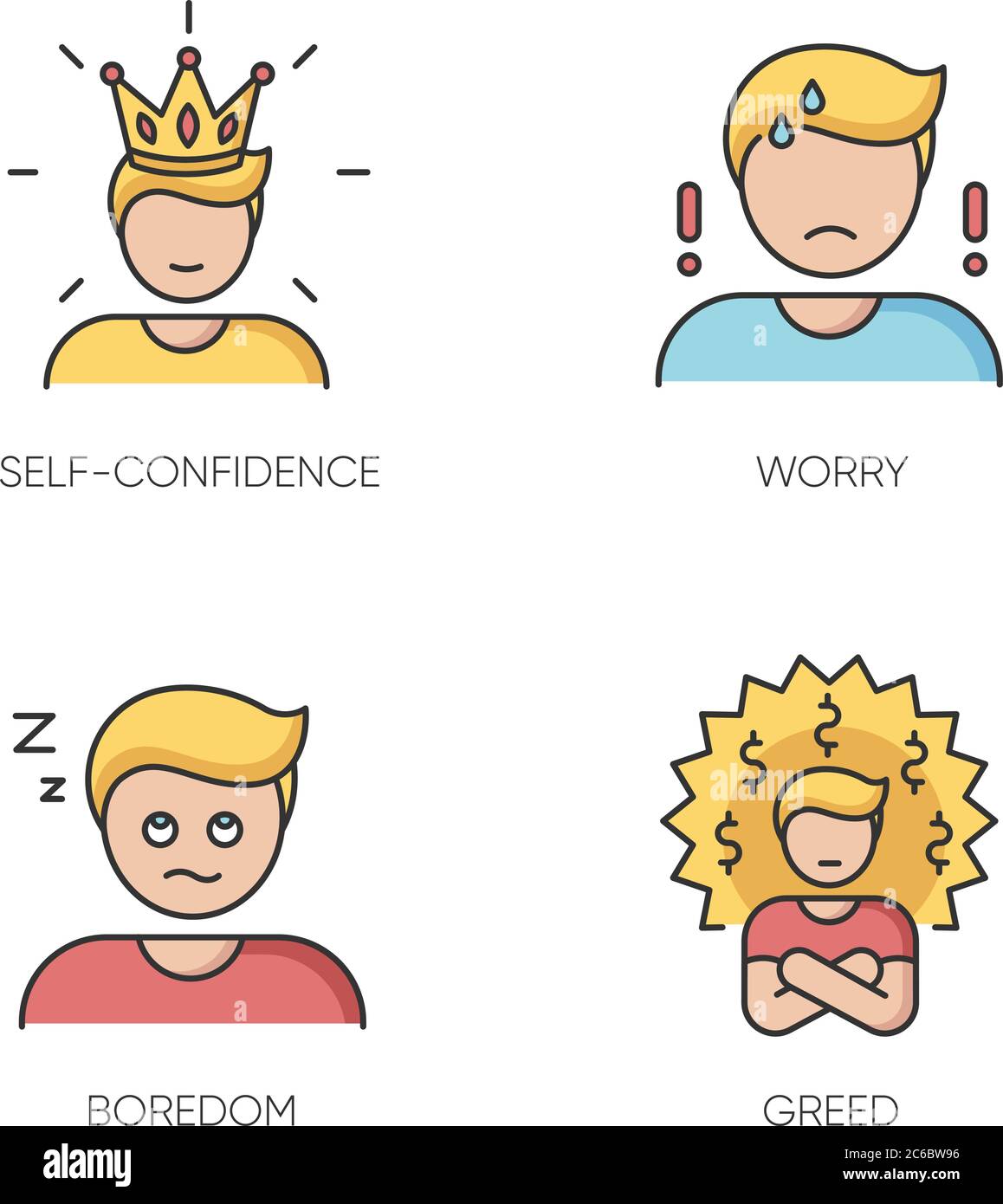 Negative feelings and bad traits RGB color icons set. Human emotions ... Negative feelings and bad traits RGB color icons set. Human emotions ...