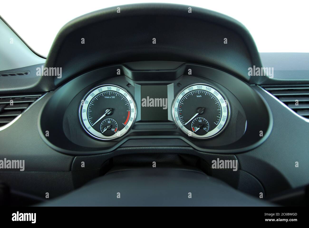 Car illuminated dashboard. Modern car illuminated dashboard closeup ...