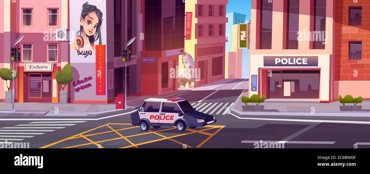 City street with police station and houses. Vector cartoon cityscape ...