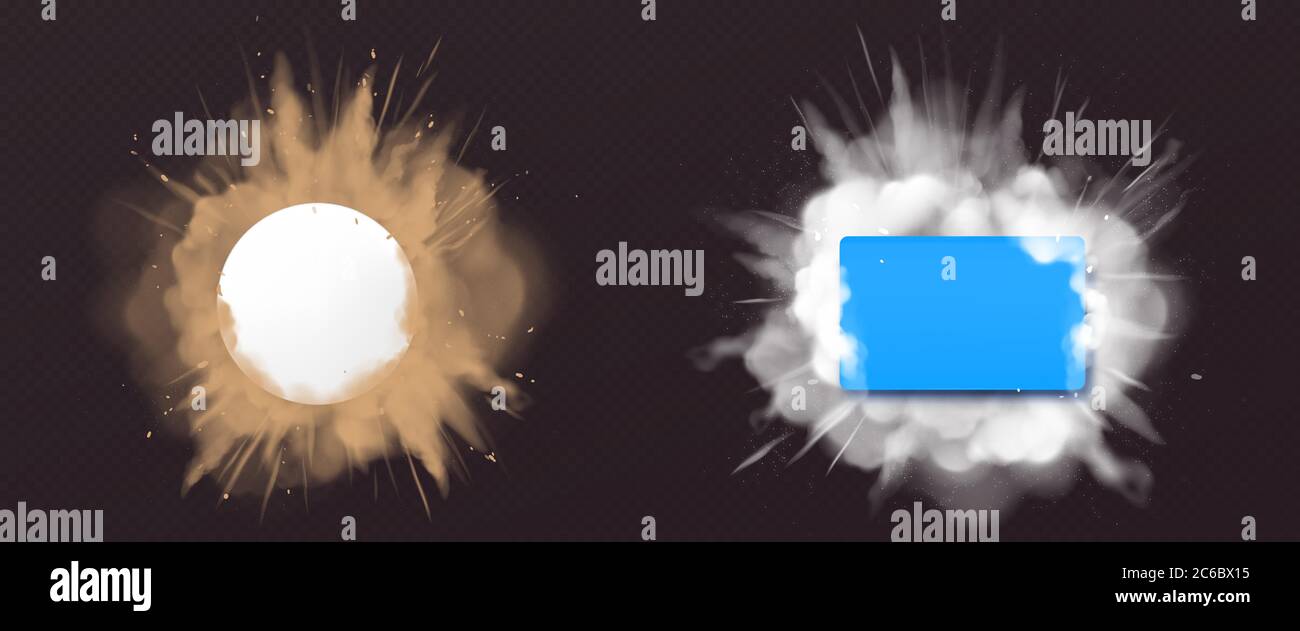 Dust explosions with rectangle and round banner. Splashes of brown and ...