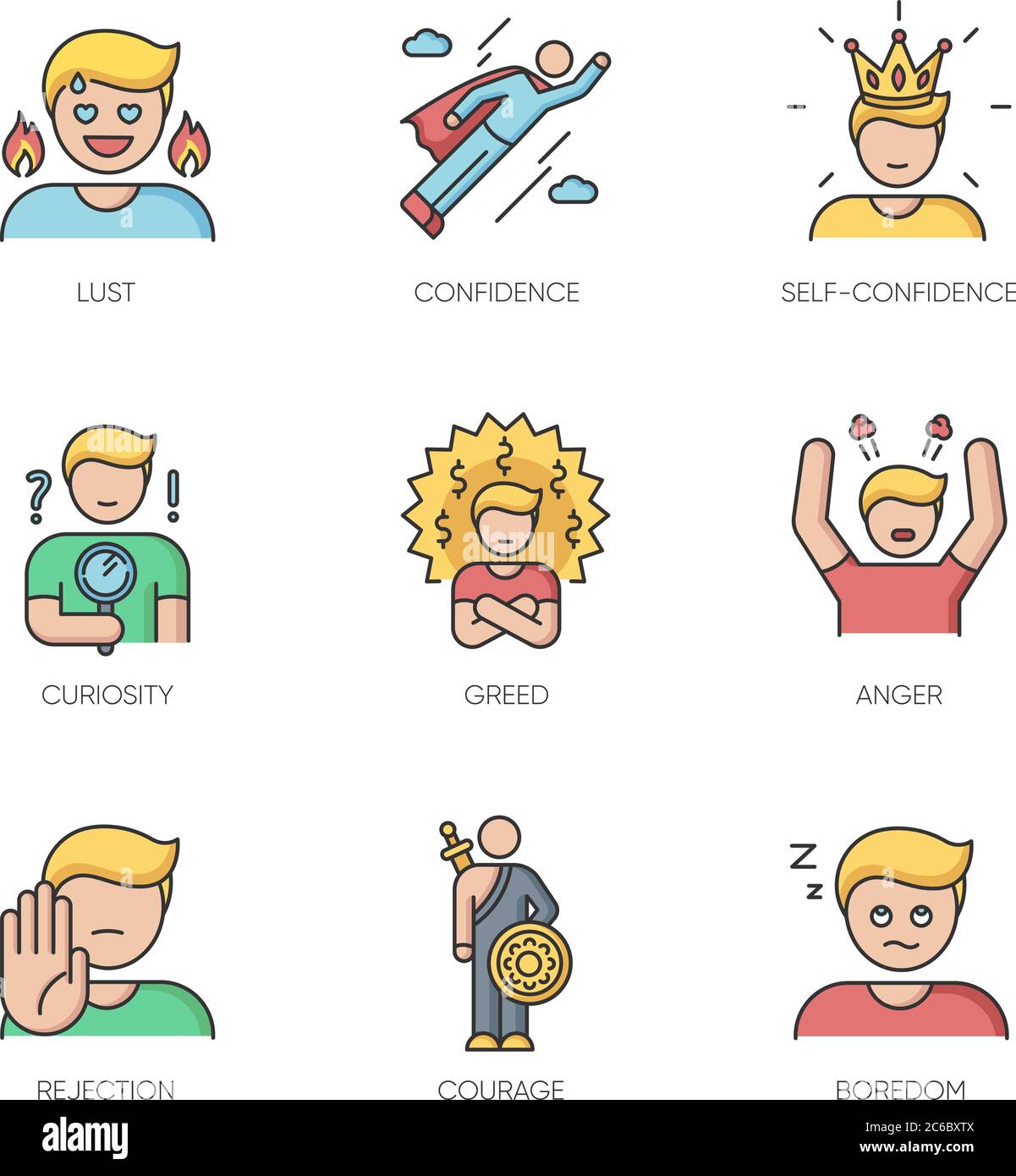 Human emotions RGB color icons set. Different psychological states and ...