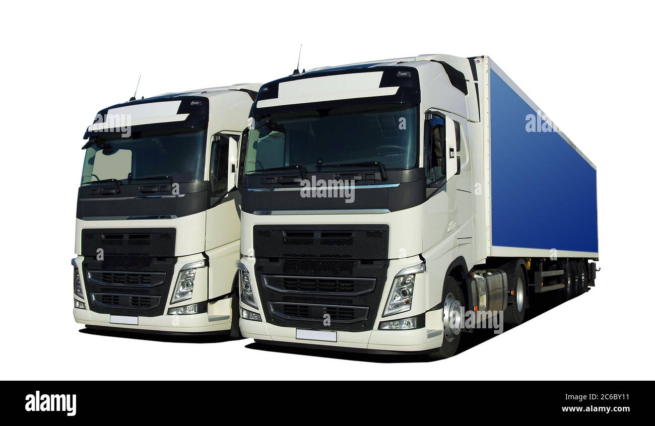 Two trucks. Two large trucks with semi trailer on a white background ...