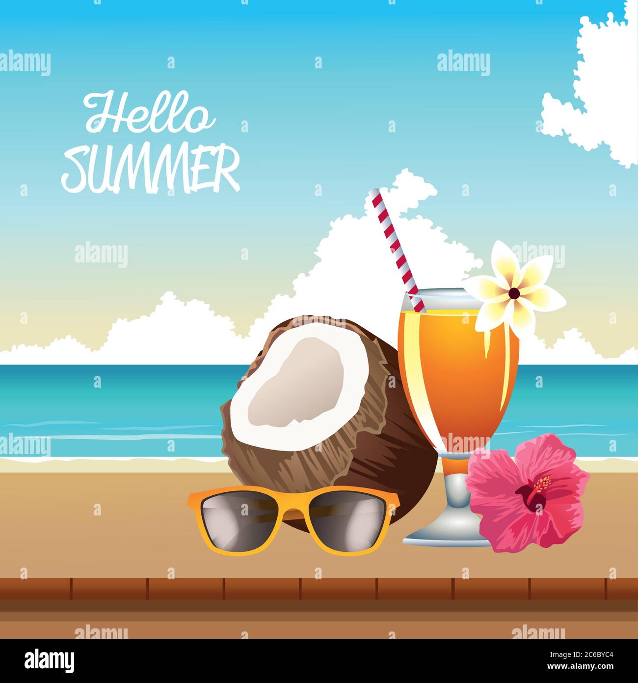 hello summer seasonal scene with tropical cocktail and coconut vector ...