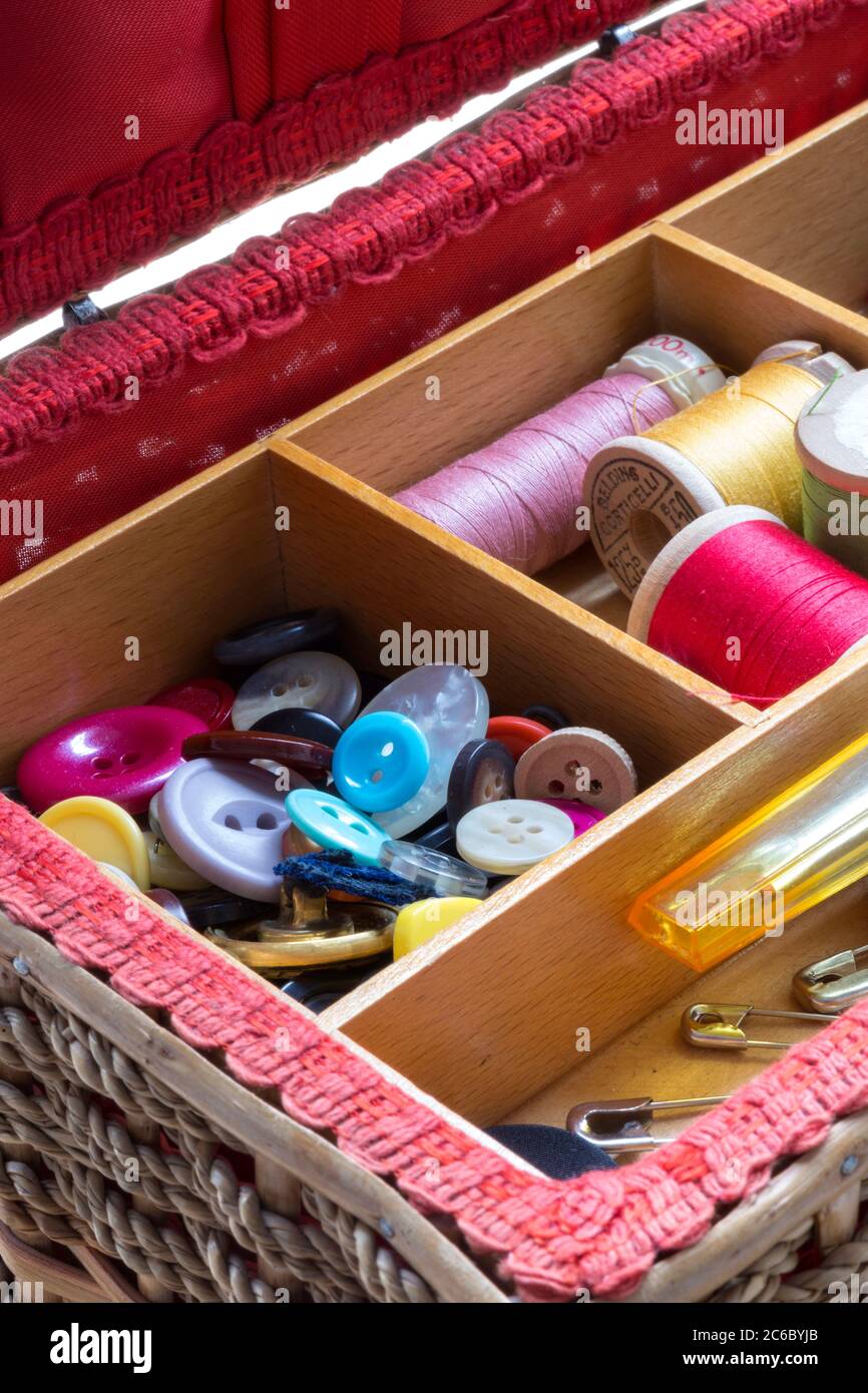 Vintage Sewing Basket with Sewing Notions Stock Photo - Alamy
