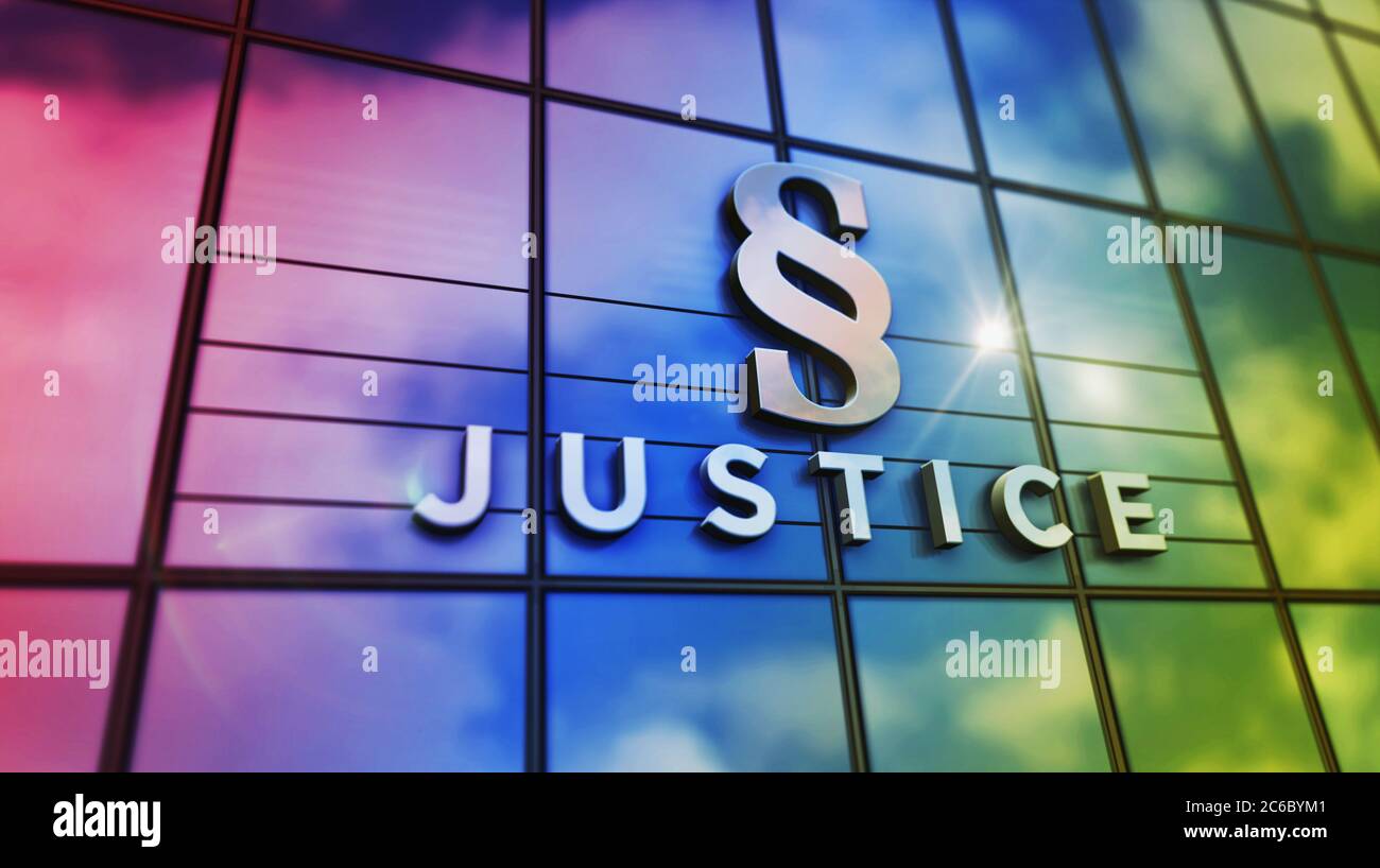 Justice court with paragraph symbol on glass building. Mirrored sky and ...
