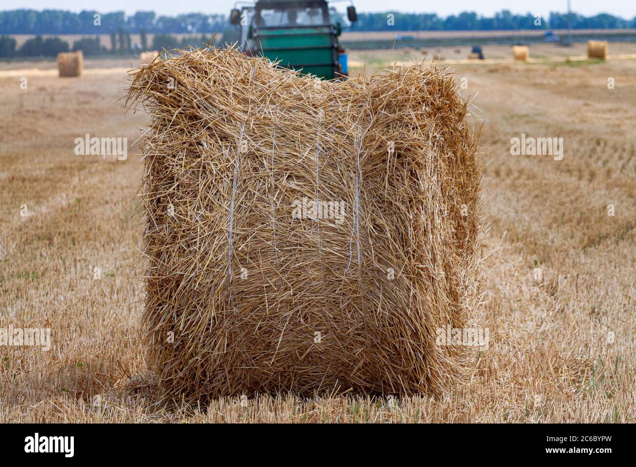 A tractor with a trailed bale making machine collects straw rolls in ...
