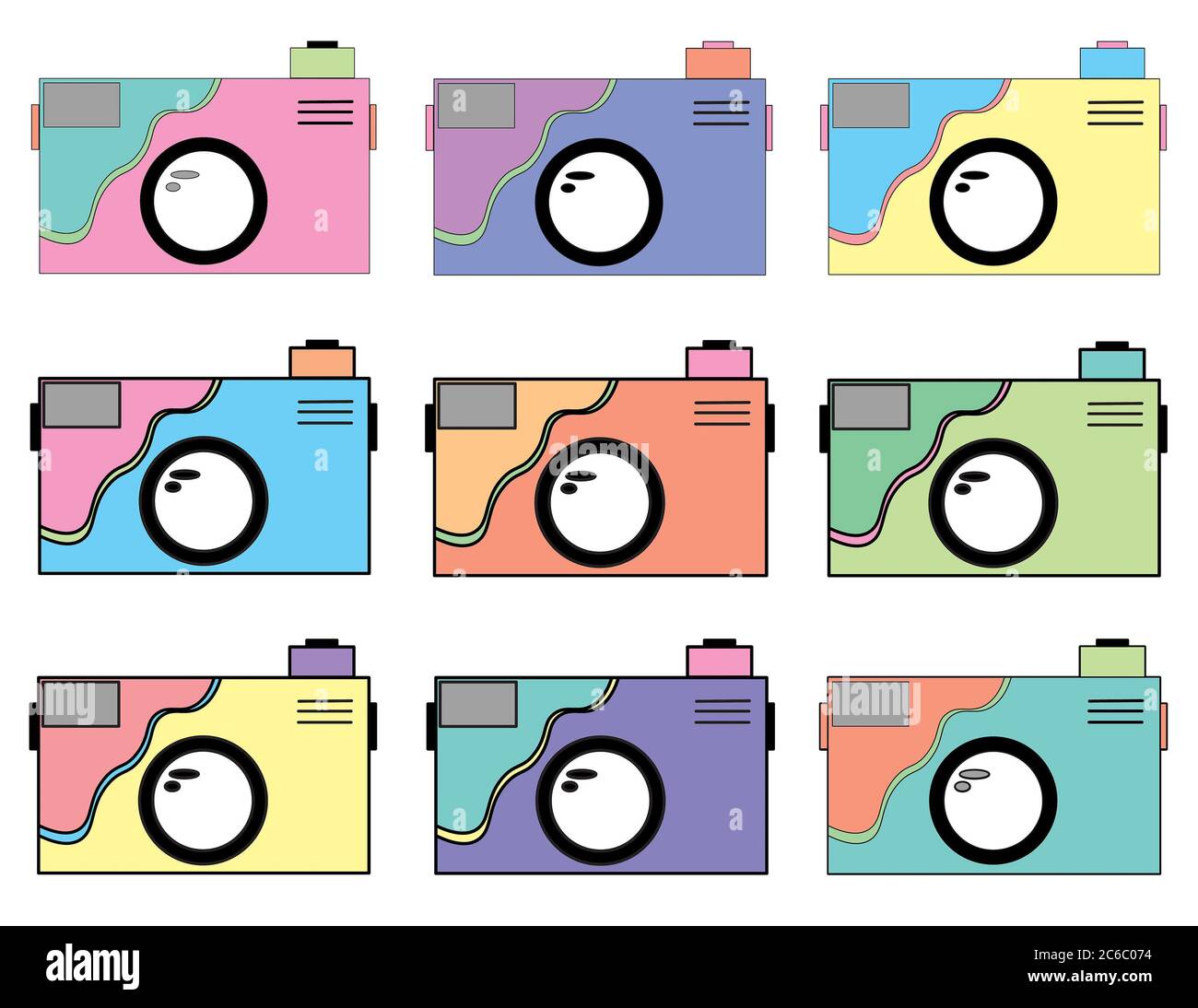 A set of whimsical flat design camera illustrations in pastel colors ...