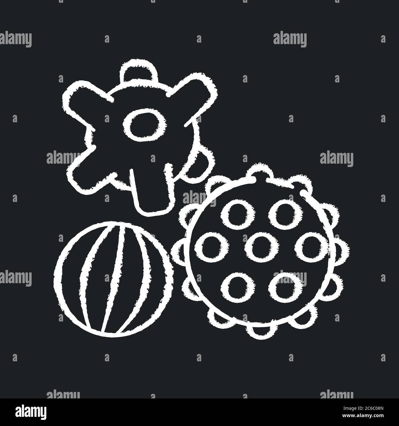 Sensory balls chalk white icon on black background. Tactile and spiky ...