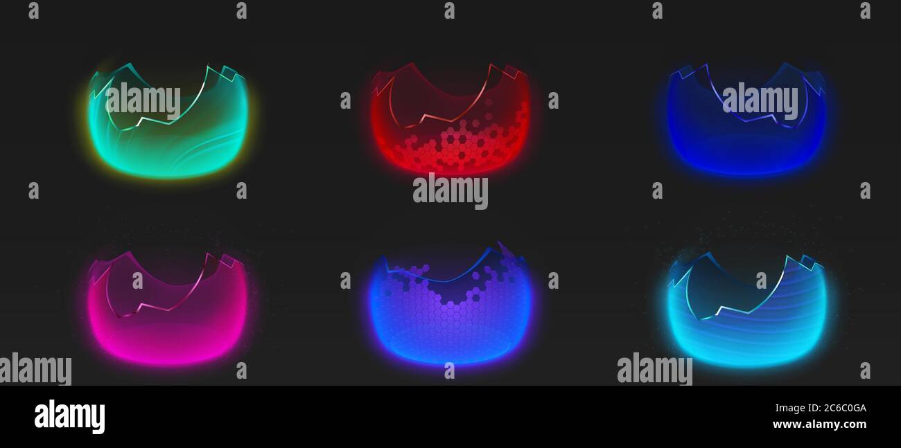 Broken bubble shields, damaged protection force fields. Vector ...