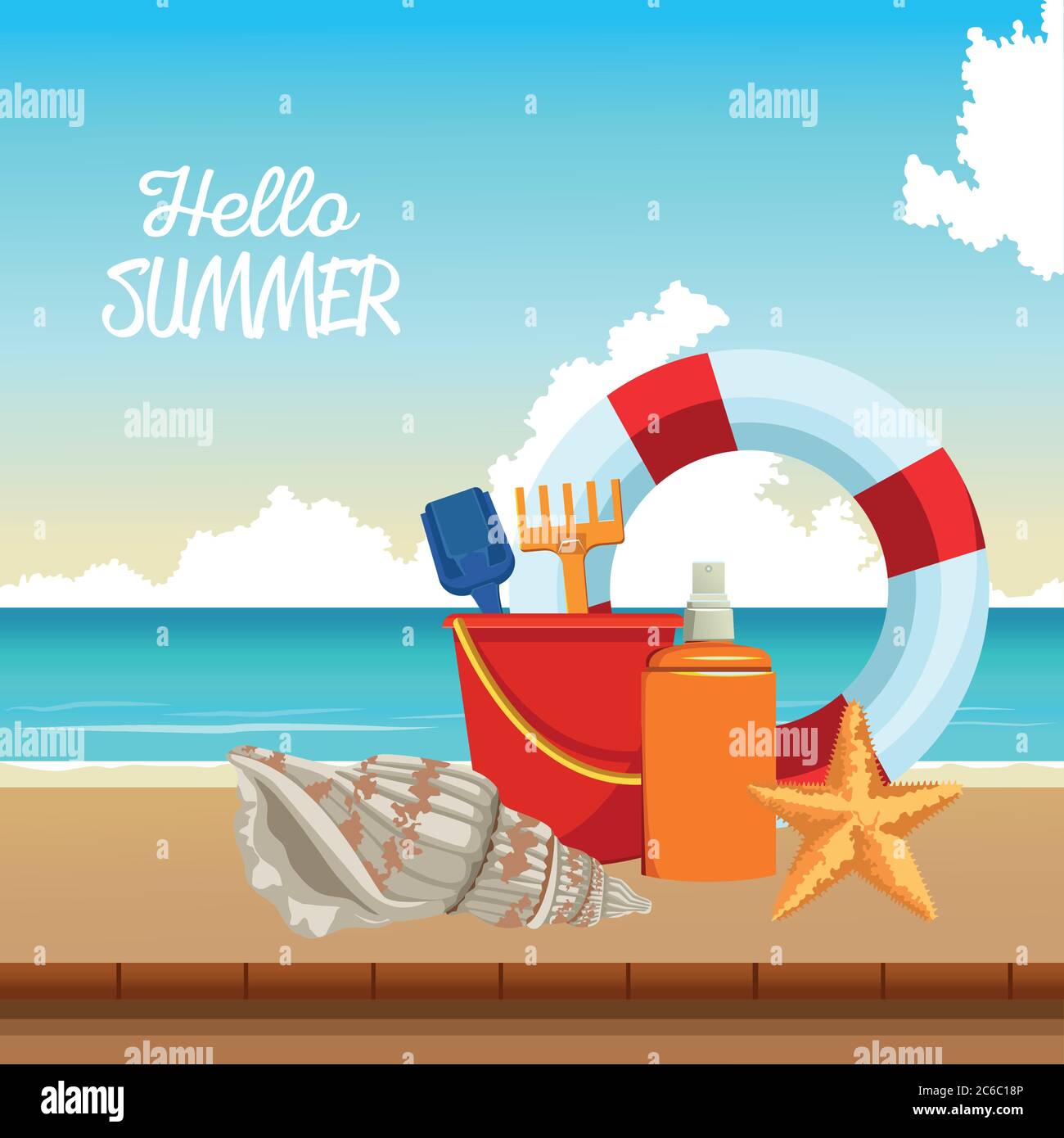 hello summer seasonal scene with lifeguard float and sandbucket vector ...