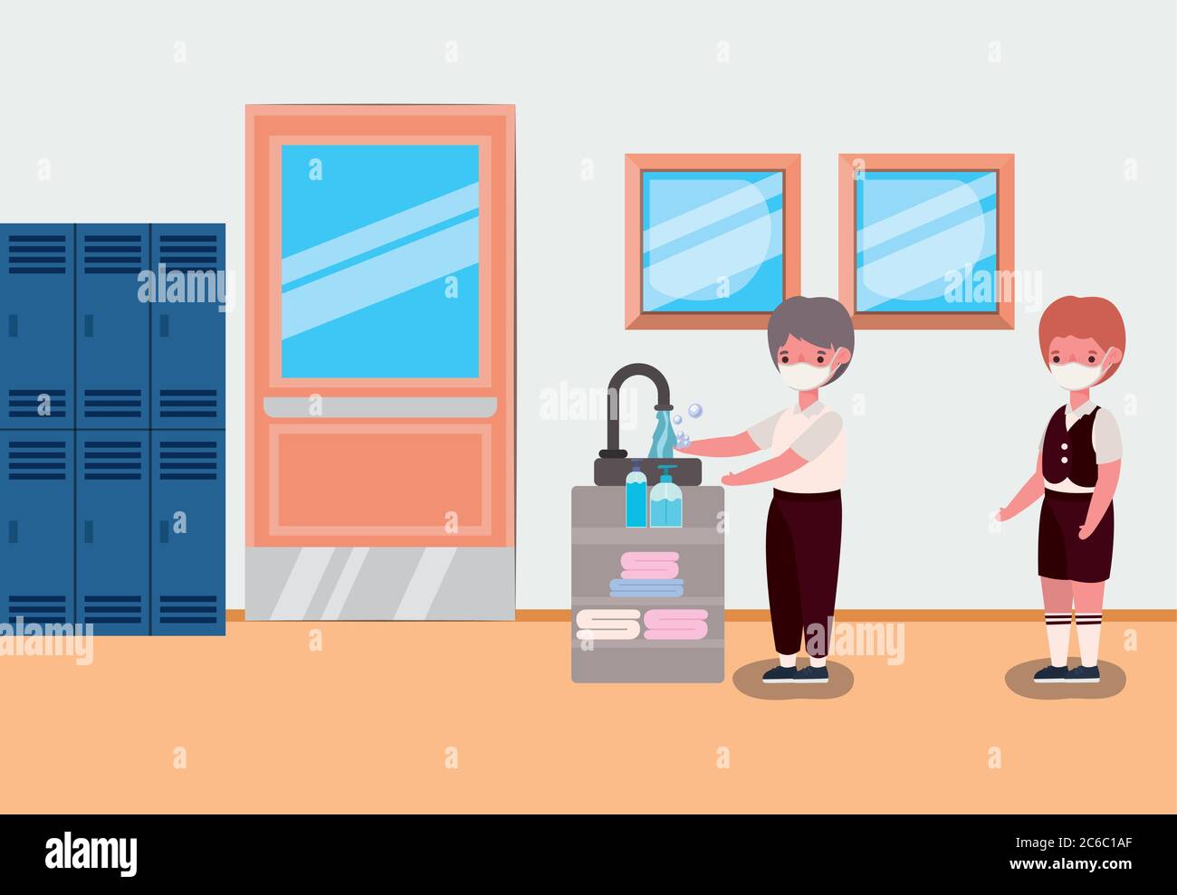 boys kids with uniforms and medical masks washing hands design, Back to ...