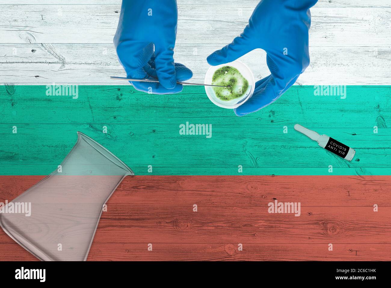 Bulgaria flag on laboratory table. Medical healthcare technologist ...