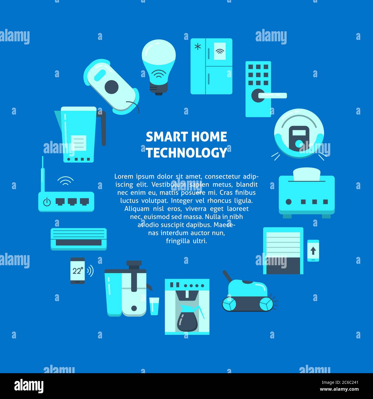 Smart home round concept banner in flat style. Poster with automated ...