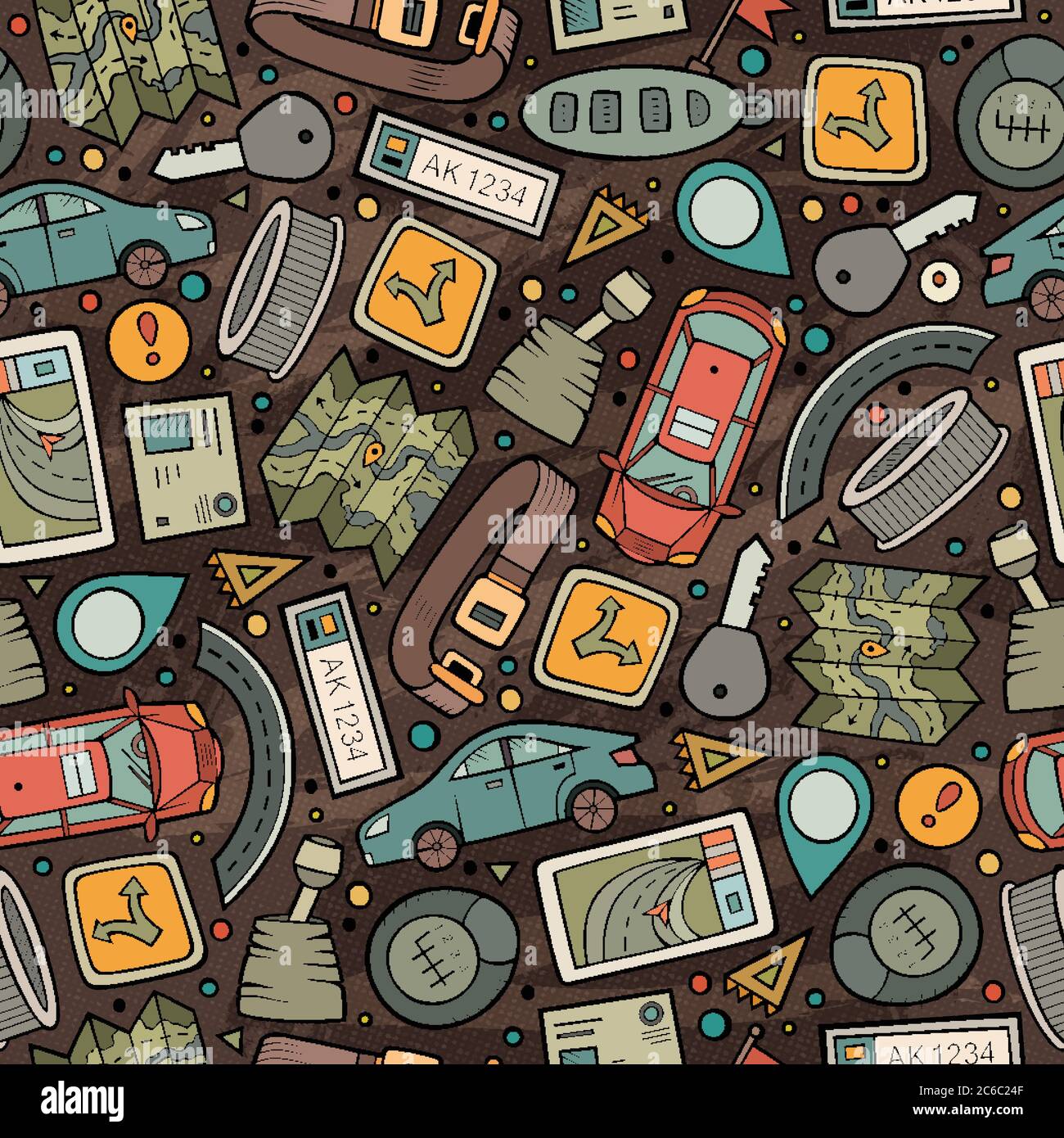 Cartoon cute hand drawn Automotive seamless pattern Stock Vector Image ...