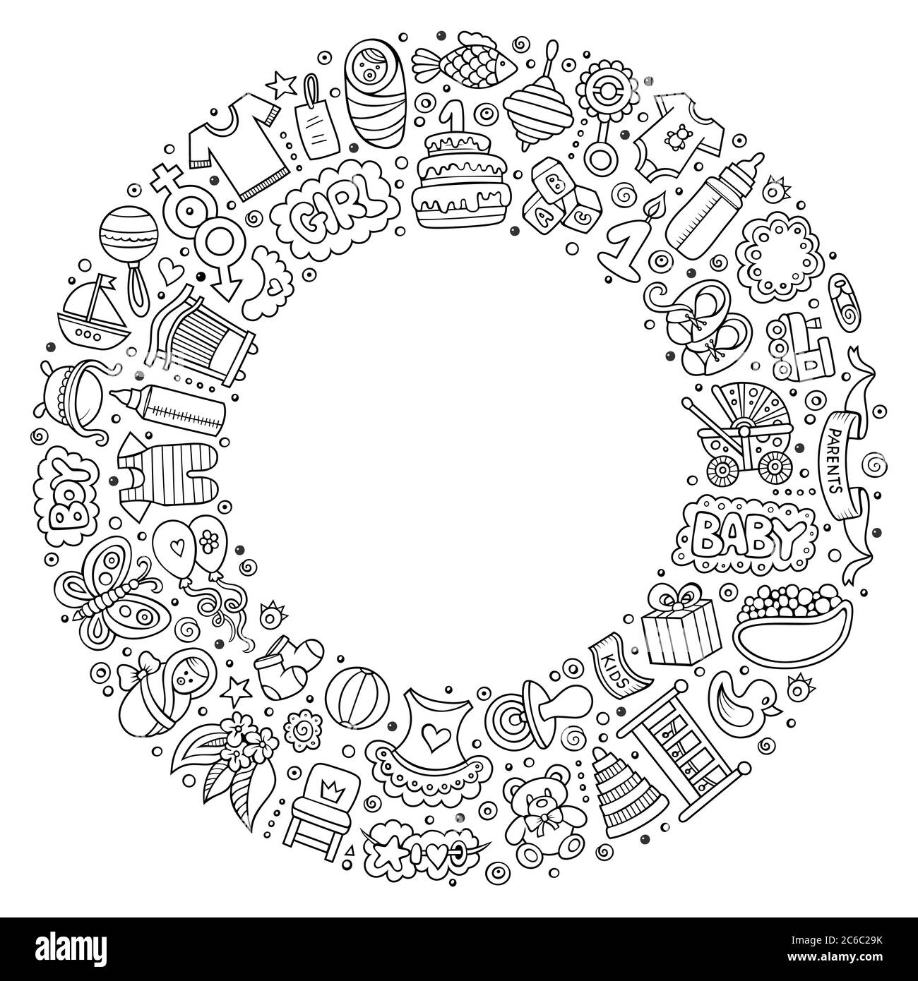 Set of Baby cartoon doodle objects round frame Stock Vector Image & Art ...