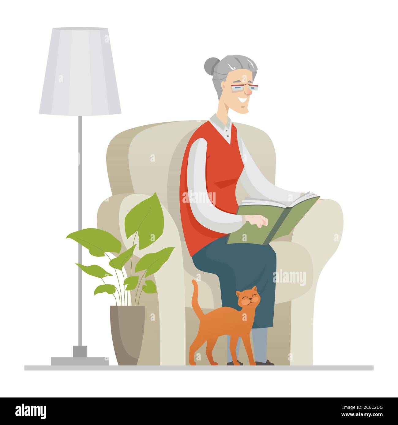 Senior woman reading - flat design style illustration Stock Vector ...