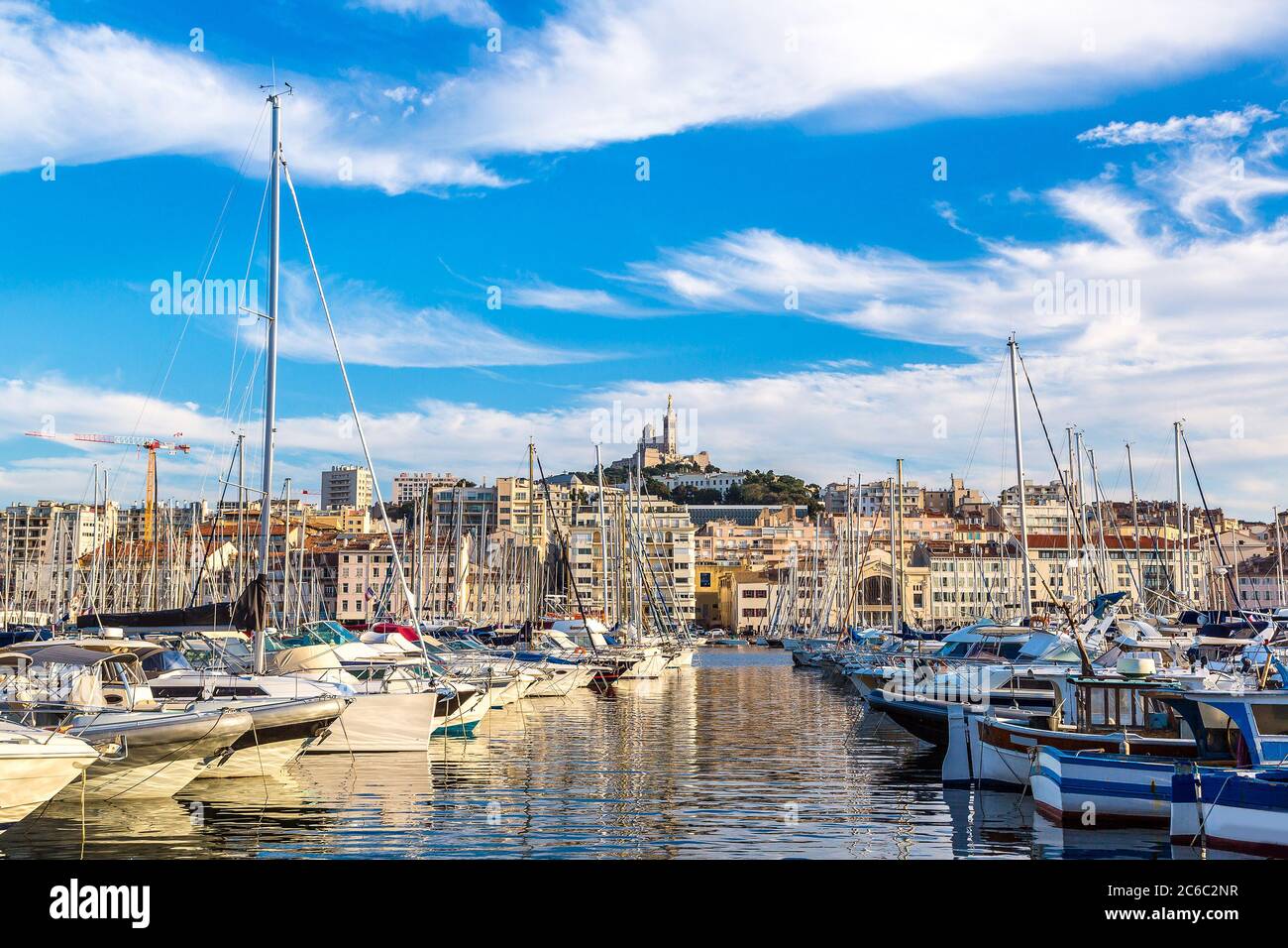 Aerial panoramic view on basilica of Notre Dame de la Garde and old ...