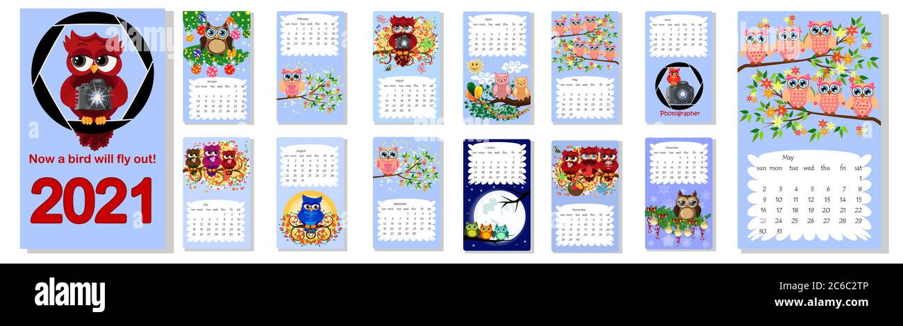 Calendar 2021. Cute owls and birds for every month Stock Vector Image ...
