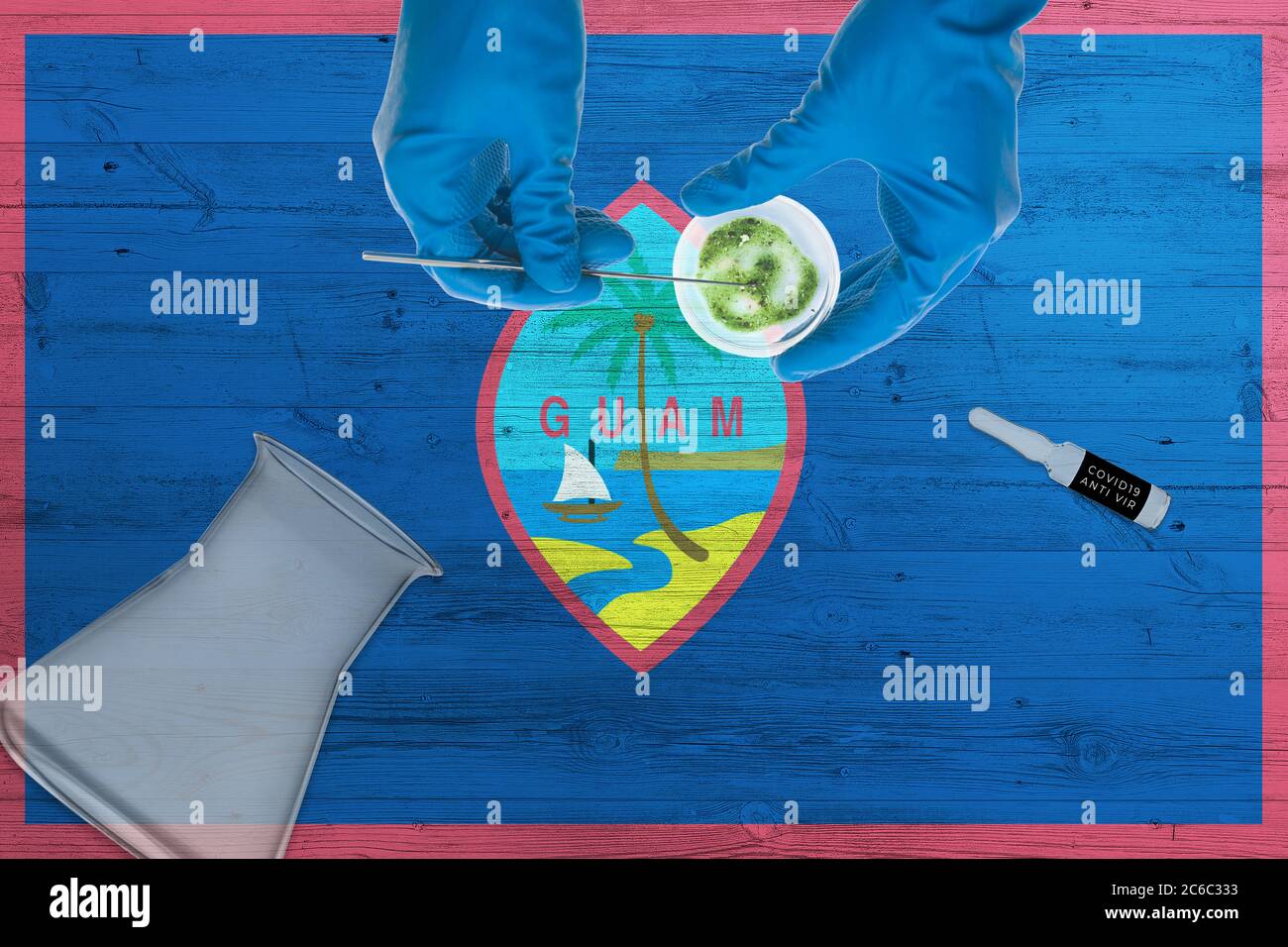 Guam flag on laboratory table. Medical healthcare technologist holding ...
