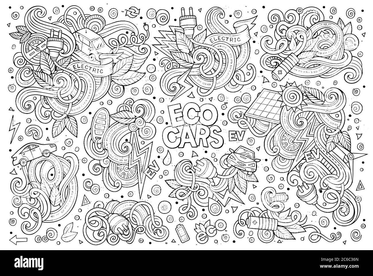Line art vector doodle cartoon set of Electric cars objects Stock ...