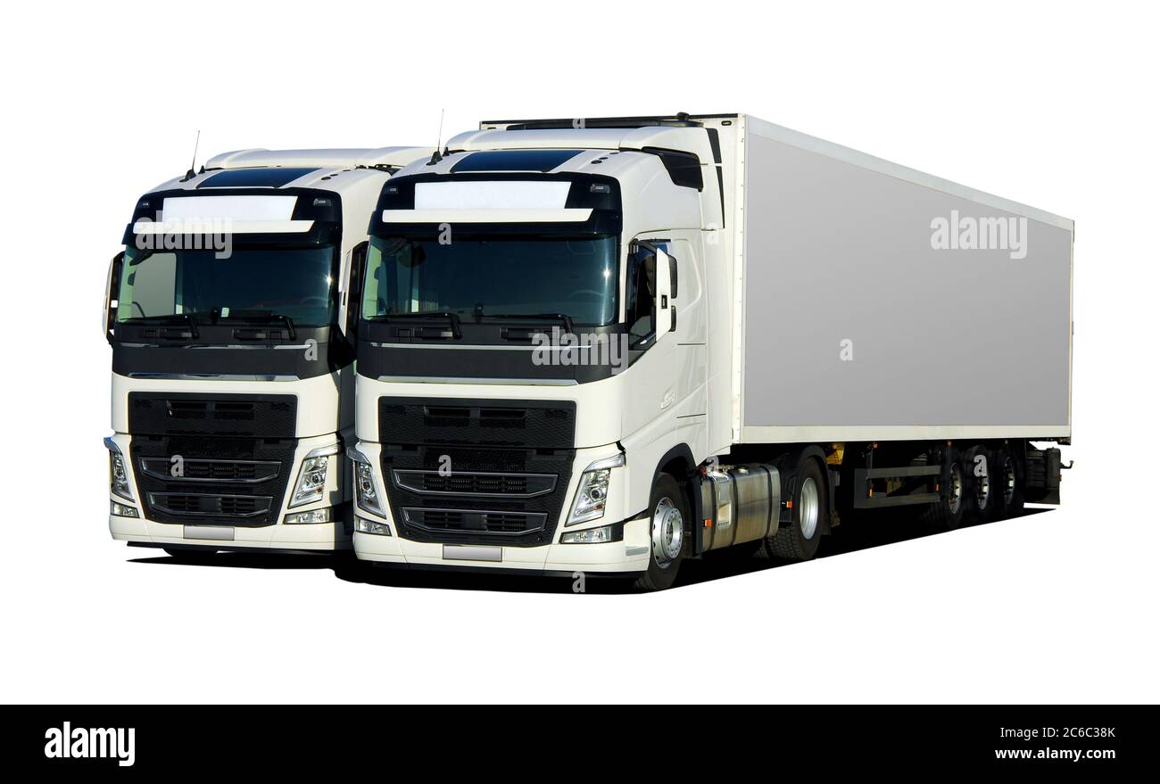 Two trucks. Two large trucks with semi trailer on a white background ...