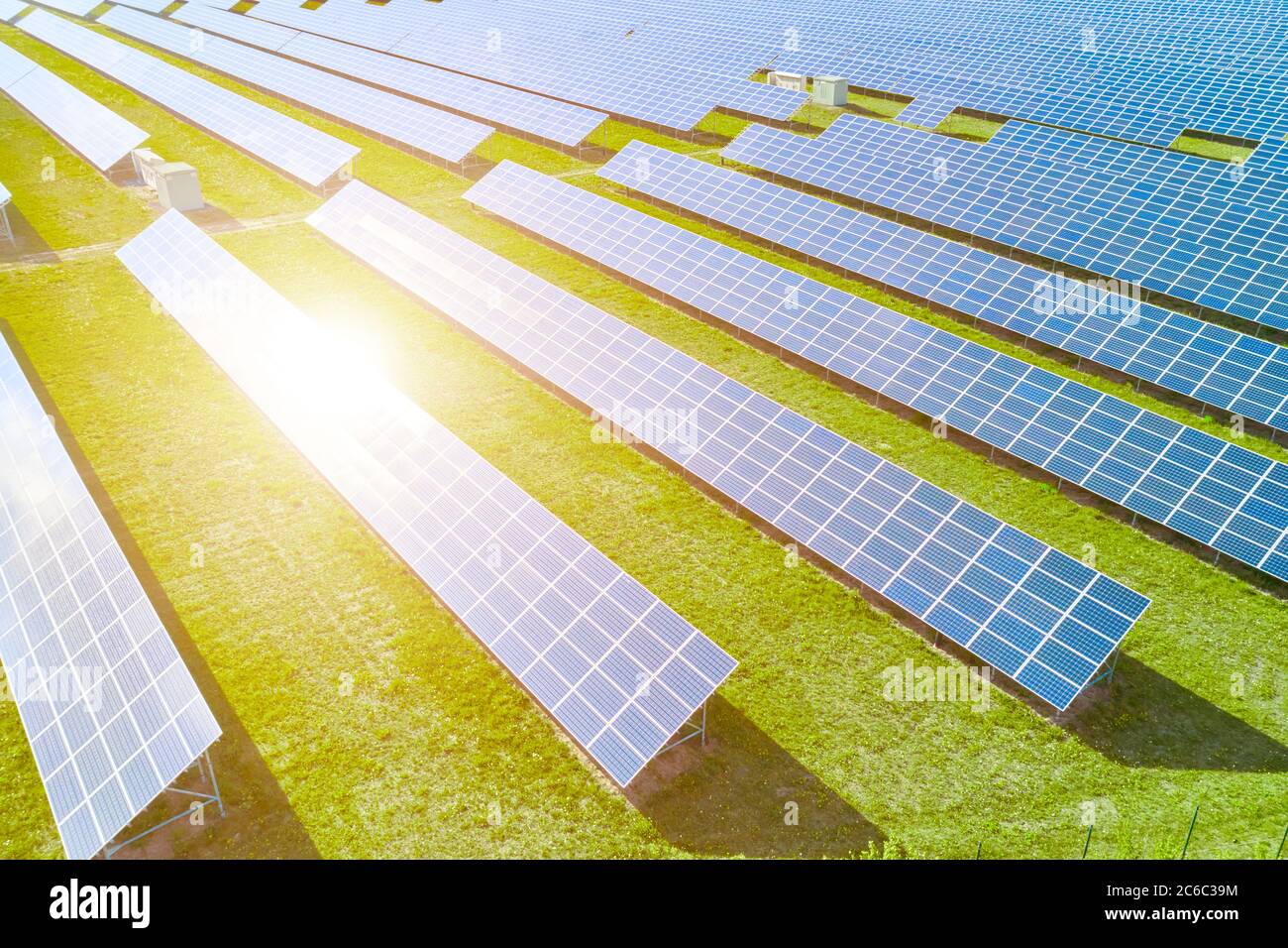 Aerial view of solar power station. Photovoltaic panels field for ...
