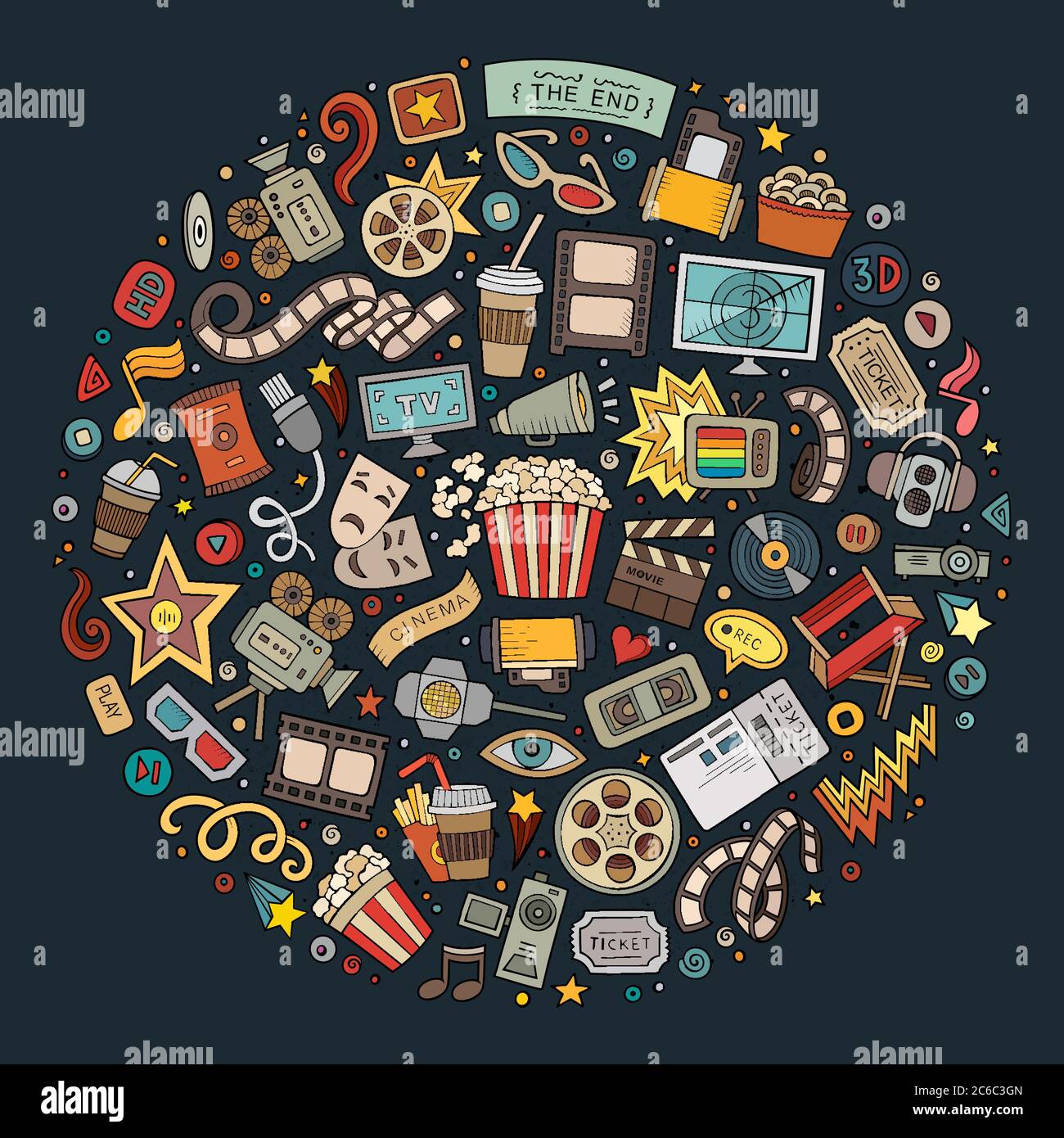 Set of Cinema cartoon doodle objects Stock Vector Image & Art - Alamy