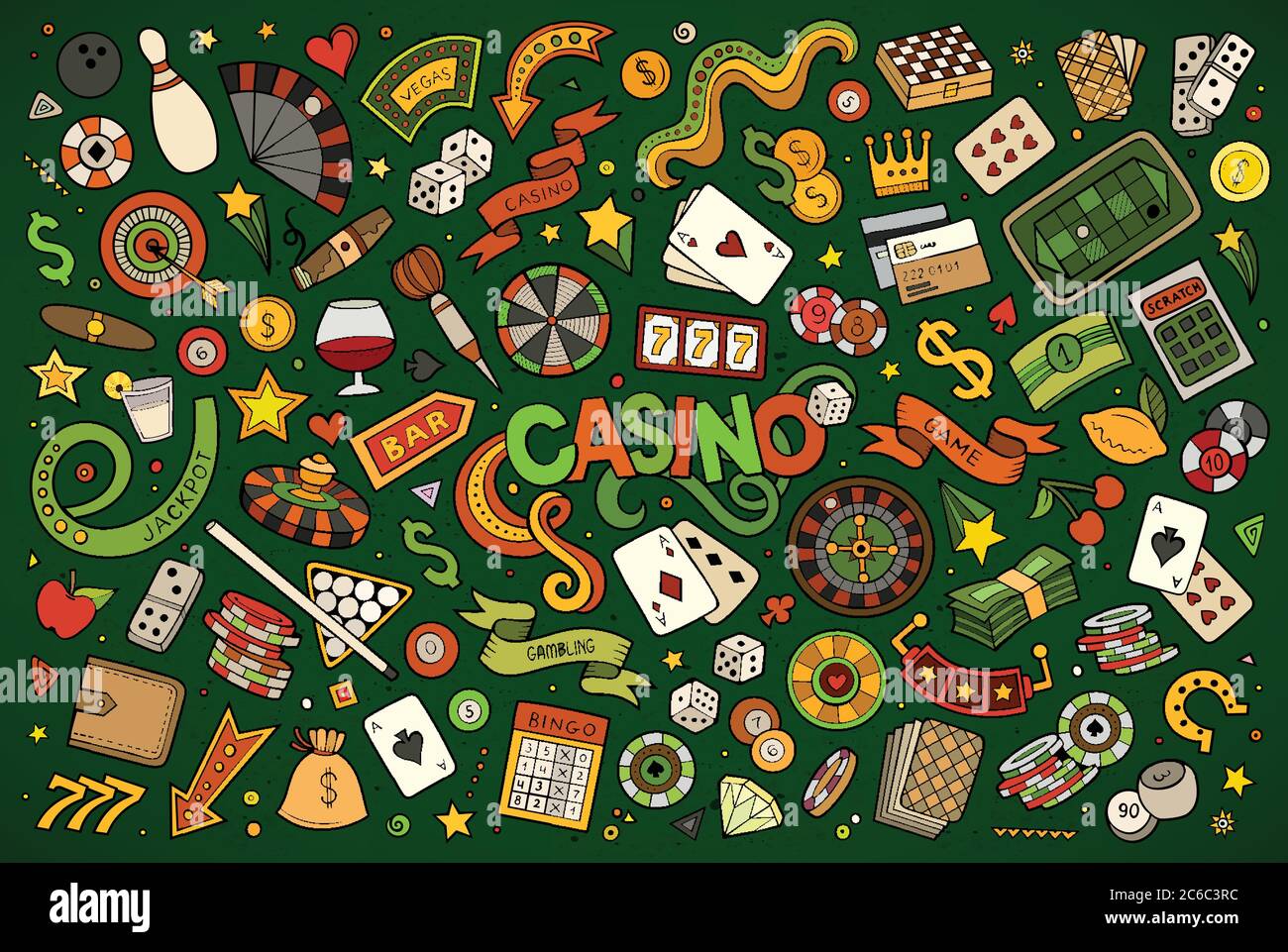 Colorful vector hand drawn doodles cartoon set of Casino objects Stock ...