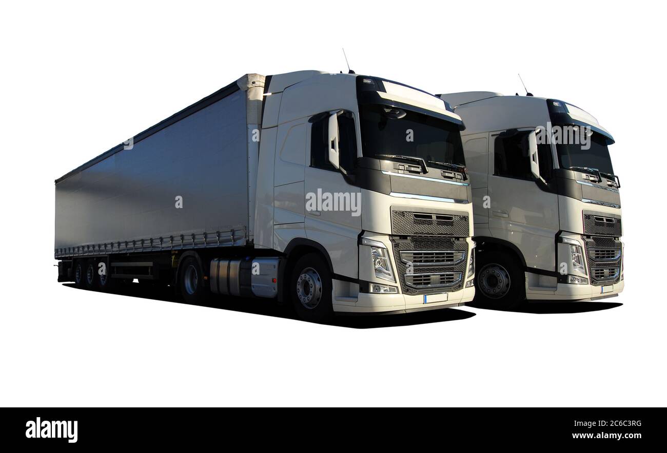Two trucks. Two large trucks with semi trailer on a white background ...