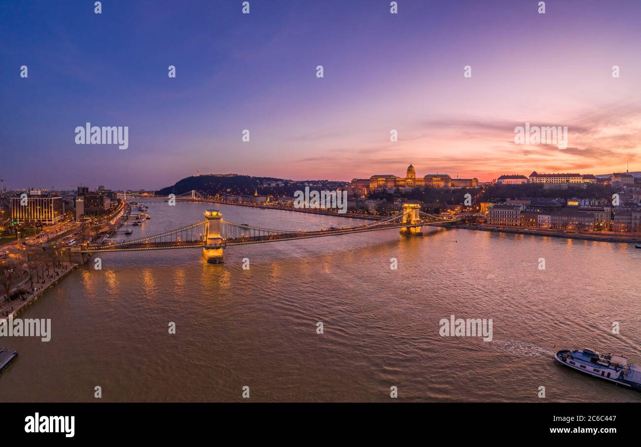 Aerial drone shot of Buda castle on Buda Hill during Budapest sunset ...