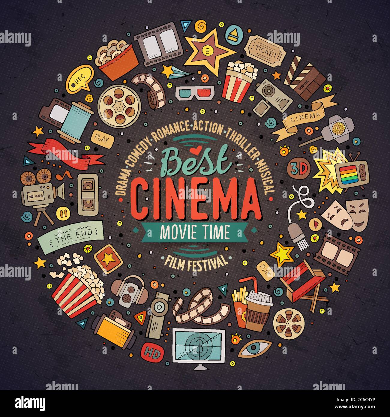Set of Cinema cartoon doodle objects Stock Vector Image & Art - Alamy