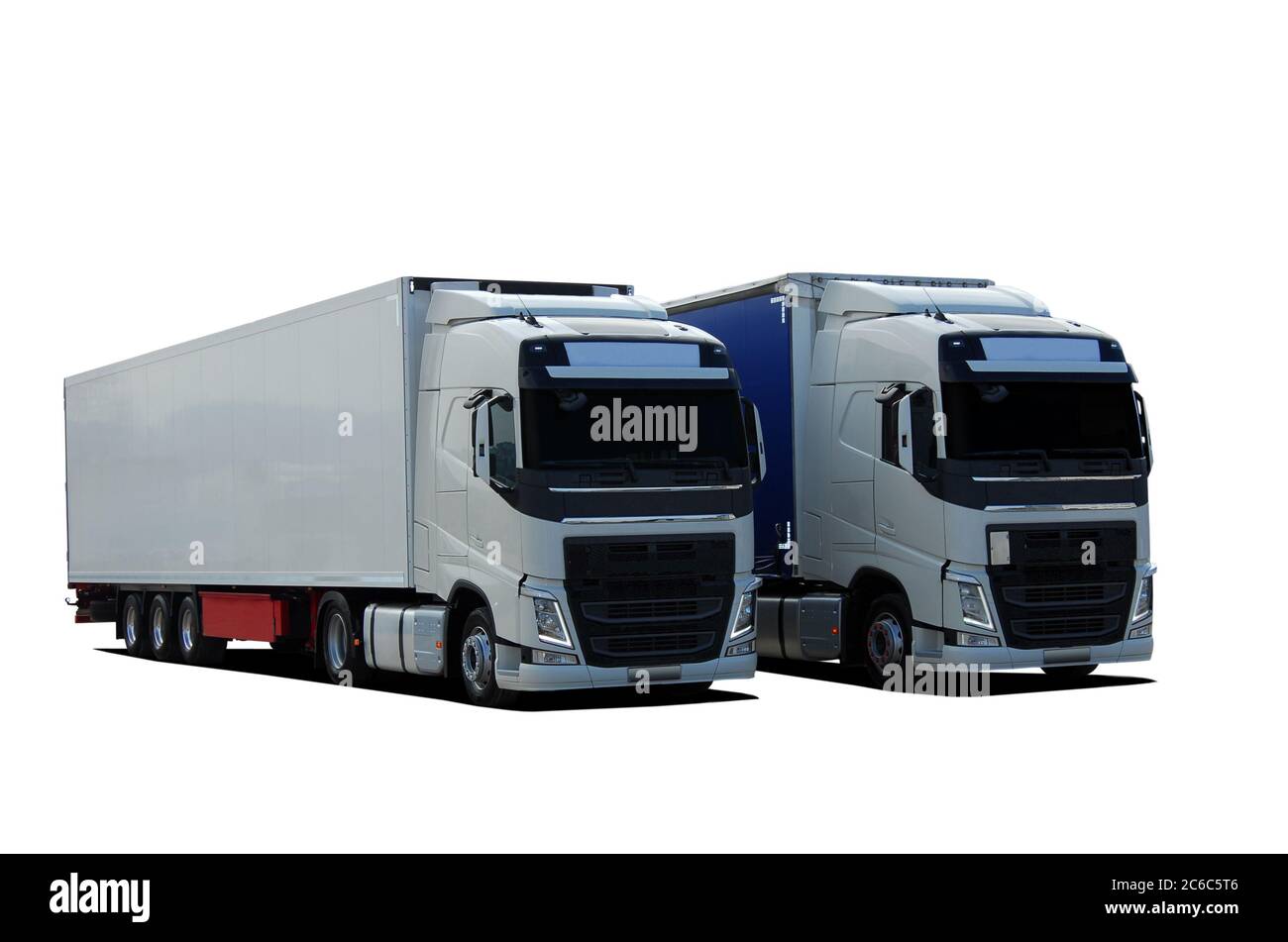 Two trucks. Two large trucks with semi trailer on a white background ...