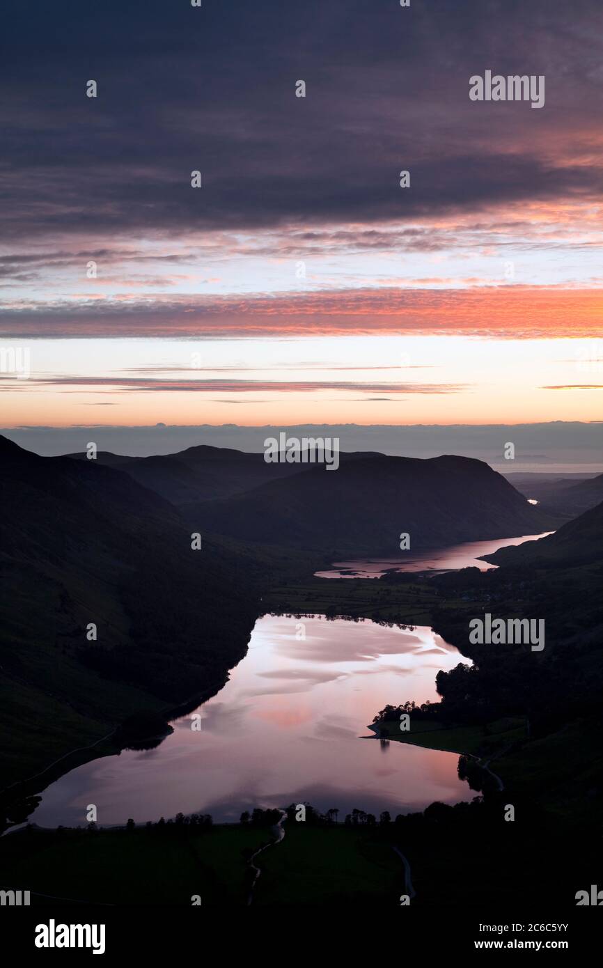 Buttermere lake from Fleetwith Pike at sunset, Cumbria, UK Stock Photo ...
