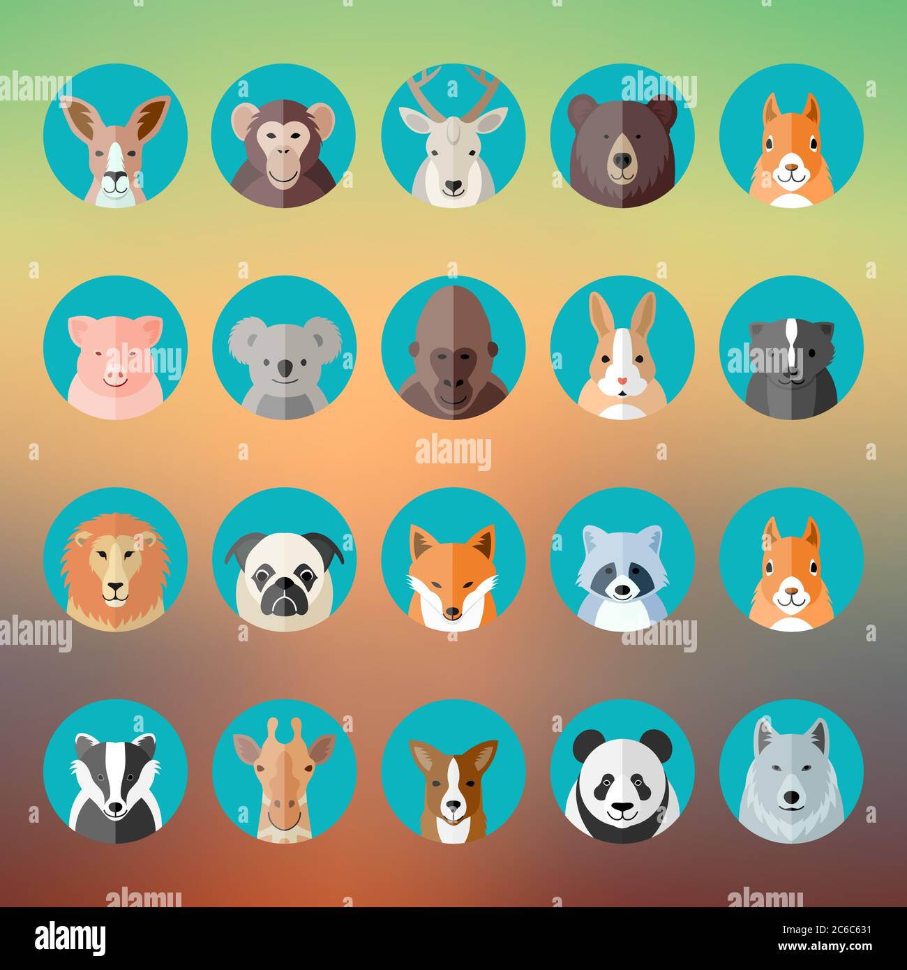 Flat Style Vector Animal Portraits or Avatars Icon Set with Blurred ...